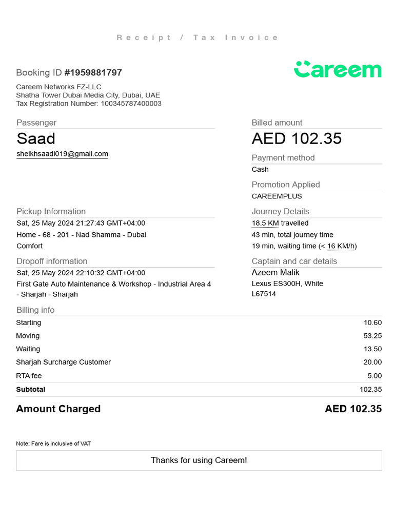 Careem Invoice for Booking #1959881797 | PDF