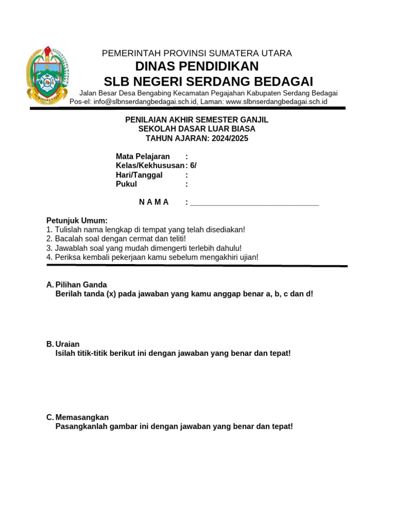 Format Soal Pas Ganjil SDLB Ta 2024-2025 | PDF