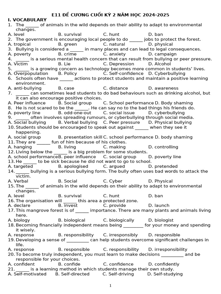 HS E11 ĐỀ CƯƠNG CUỐI KỲ 2 NĂM HỌC 2024 2025 | PDF | Bullying | Cyberbullying