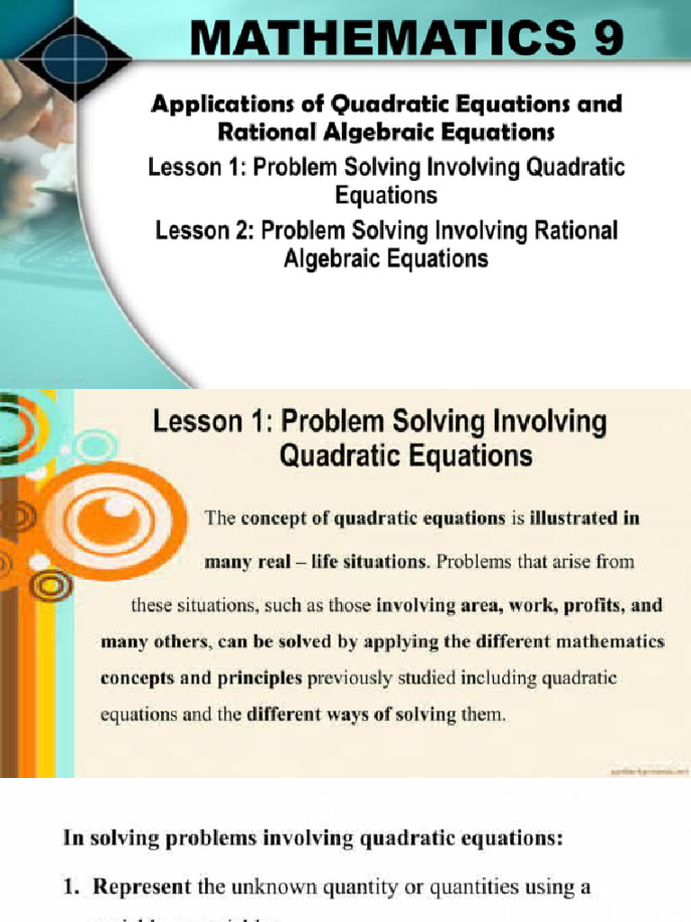 MATH9Q1 - Lesson 9 Solving Problems Involving Quadratic Equations and Rational Algebraic ...