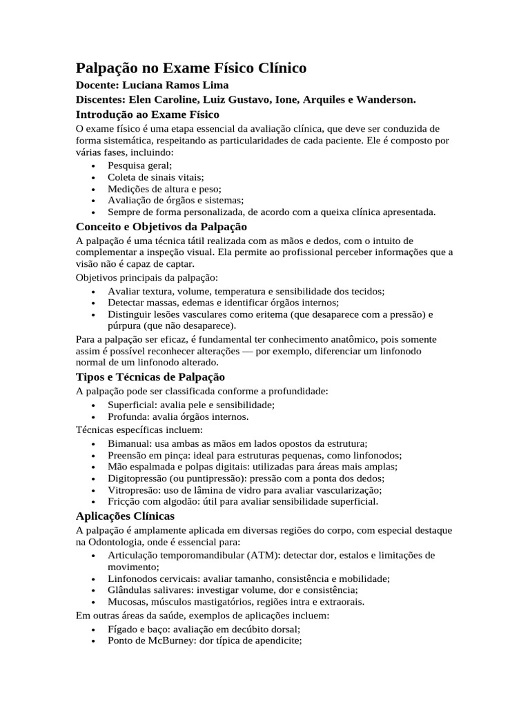 Tipos e Técnicas de Palpação Clínica | PDF | Dor | Física