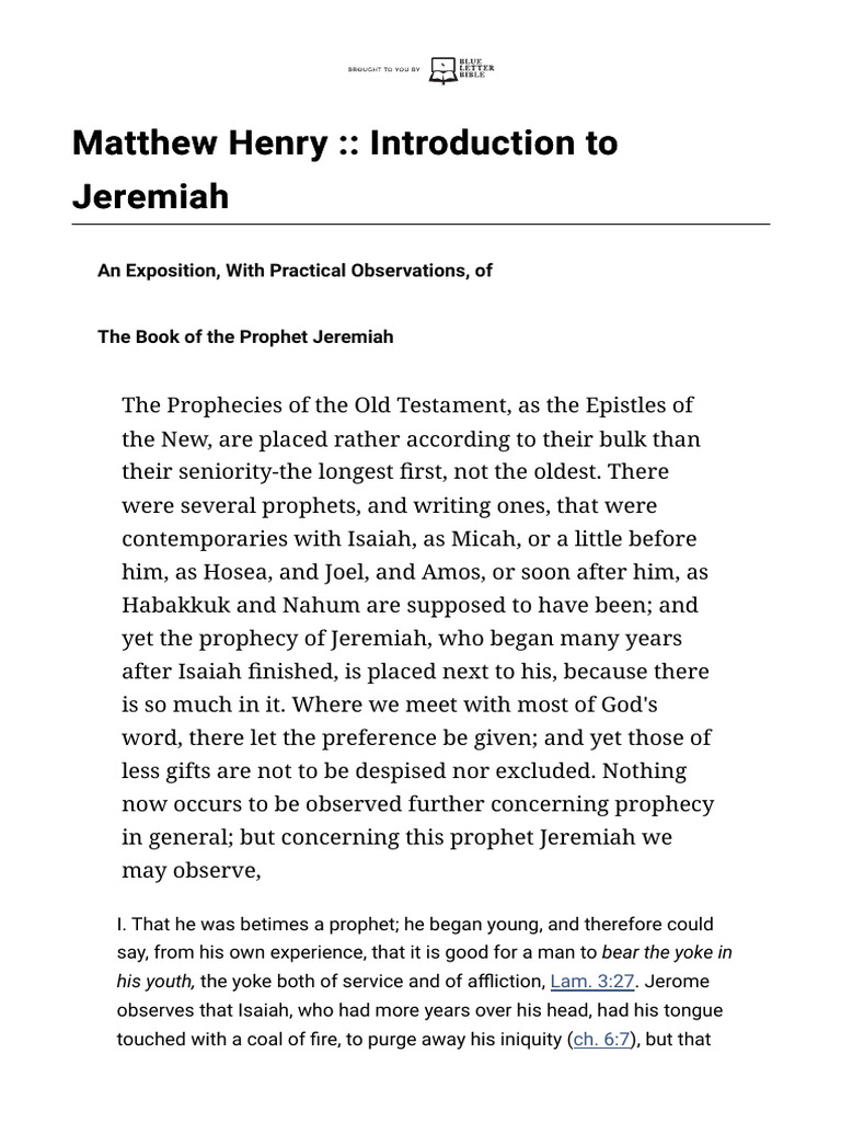 Introduction To Jeremiah by Matthew Henry | PDF | Jeremiah | Prophet