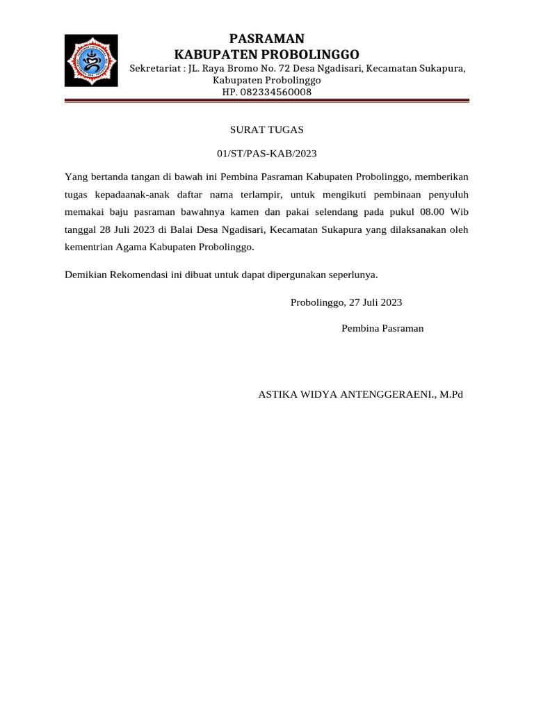Surat Tugas Pasraman | PDF