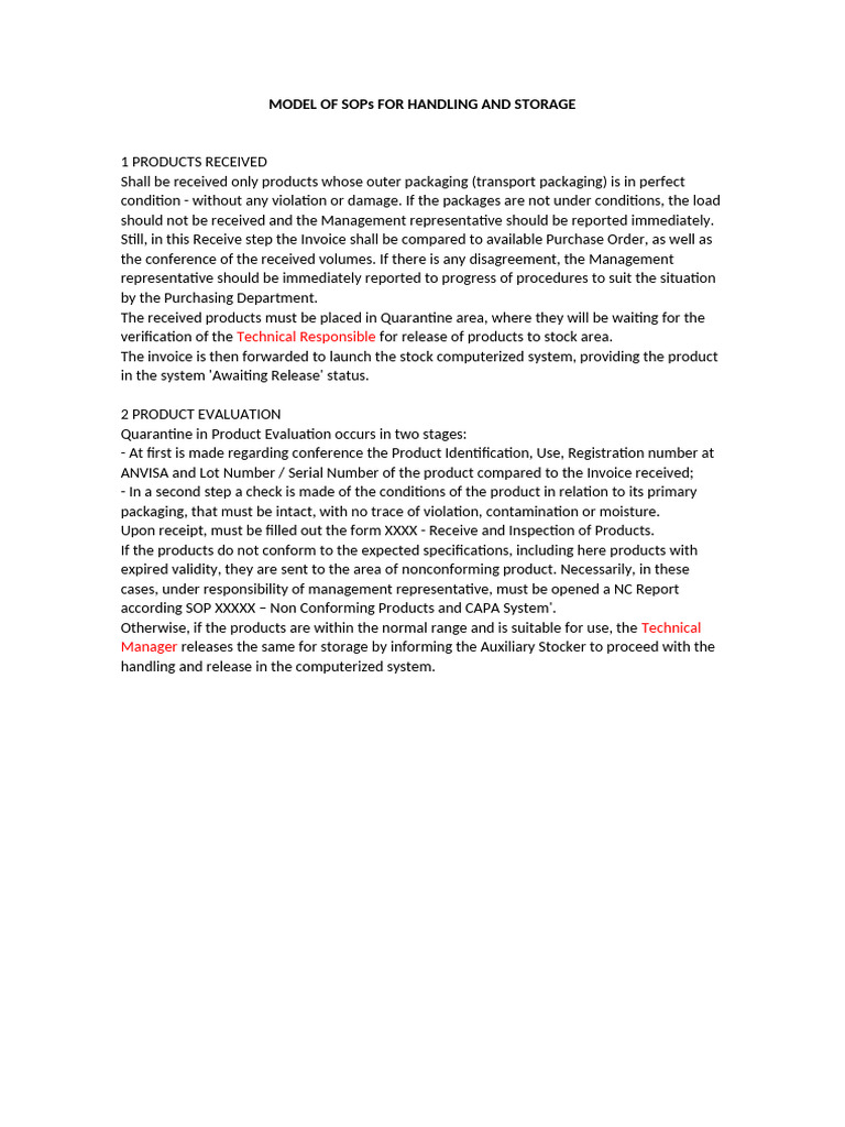 SOP for Product Handling and Storage | PDF