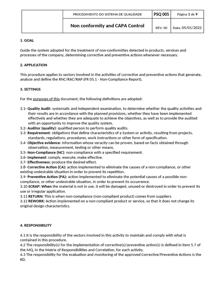 SOP NC AND CAPA CONTROL with RETURN, DISPOSAL and RECALL | PDF ...