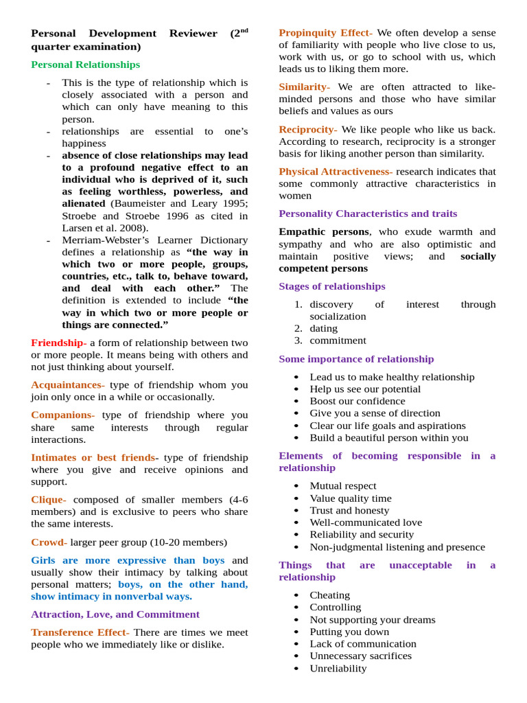 Grade 11 Personal Development Reviewer | PDF | Parenting | Intimate Relationships