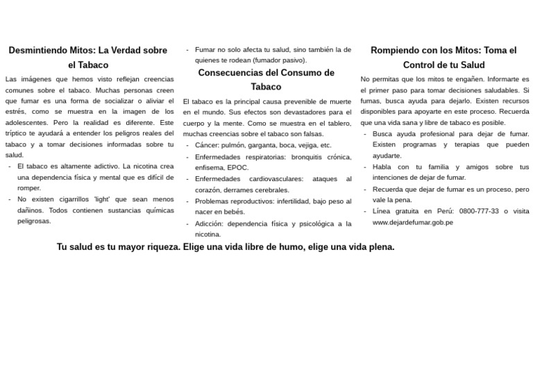 Triptico Mitos y Realidades Del Tabaco | PDF | De fumar | Tabaco
