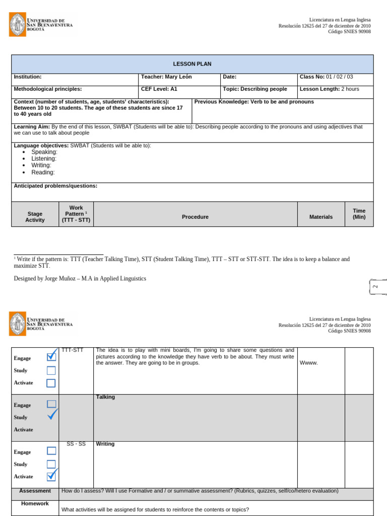 Lesson Plan for Describing People A1 | PDF | Lesson Plan | Human ...