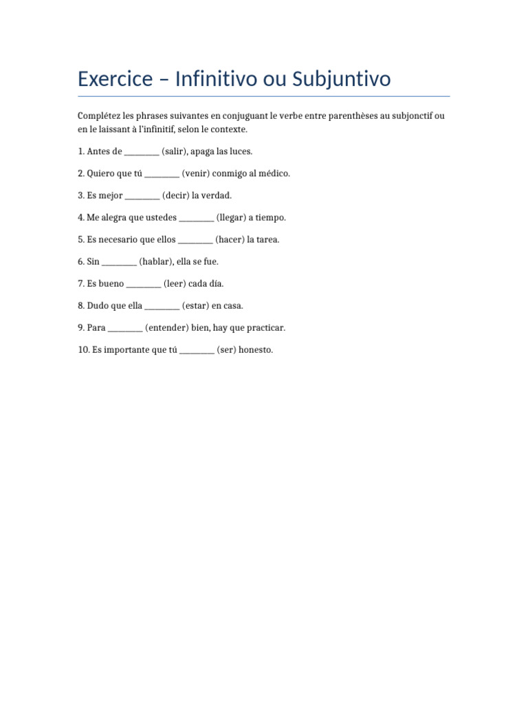 Exercice Infinitivo Subjuntivo-1 | PDF