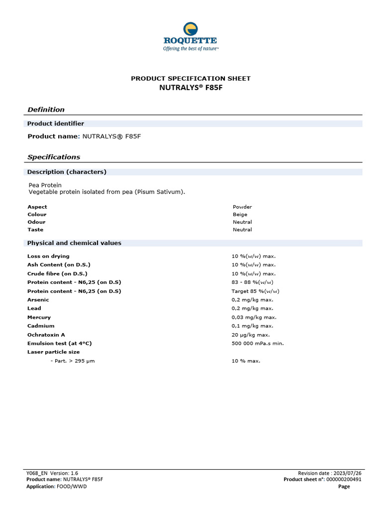 Roquette PSPE Y068 NUTRALYS F85F 000000200491 EN | PDF | Disclaimer