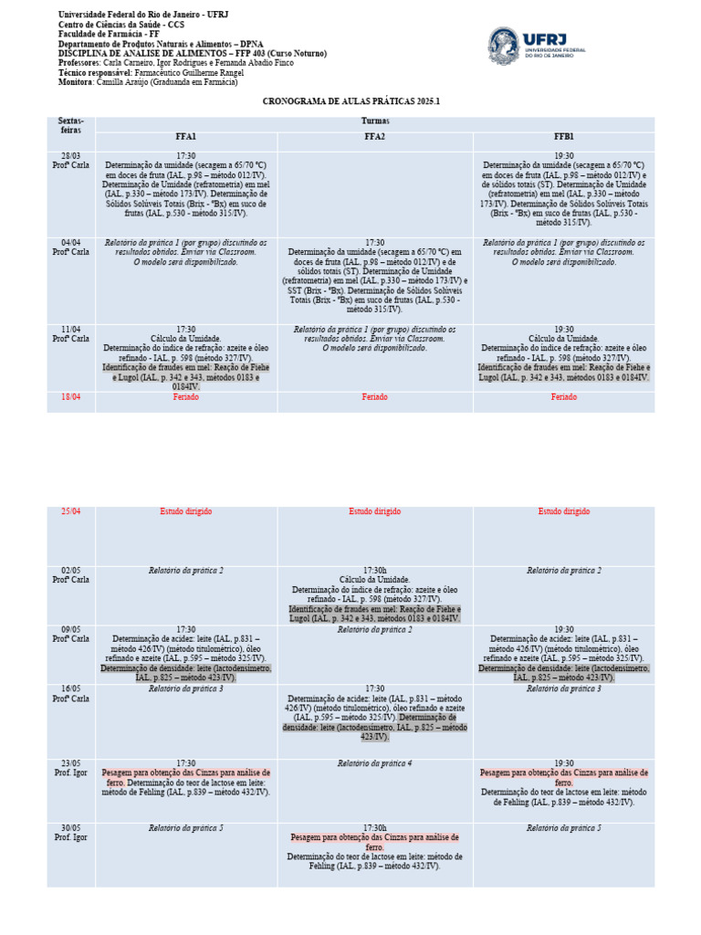 Cronograma Praticas Análise de Alimentos 2025 1 | PDF | Ciências Físicas