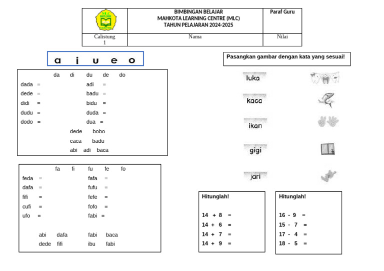 Calistung 1 Nama Nilai: Bimbingan Belajar Mahkota Learning Centre (MLC ...