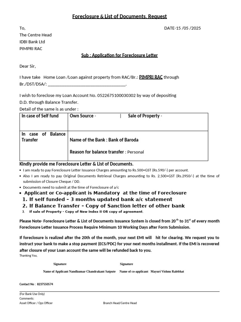 Foreclosure Application for Home Loan | PDF