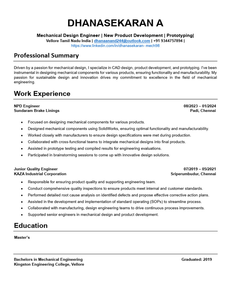 Mechanical Design Engineer Profile | PDF | Engineering | Mechanical ...