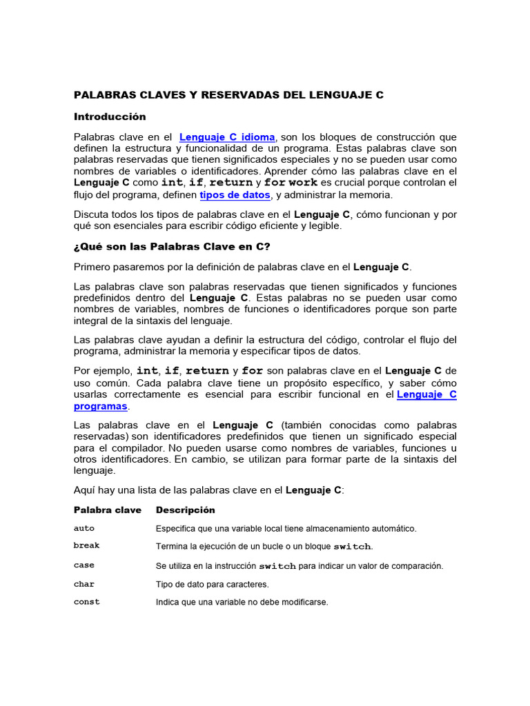 Palabras Claves y Reservadas Del Lenguaje C, C++, C# | PDF | C (lenguaje de programación ...