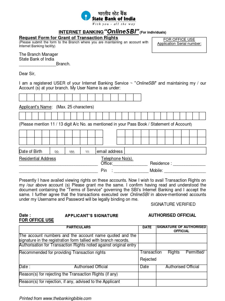 SBI Transaction Rights Application Form | PDF | Online Banking | Banks ...