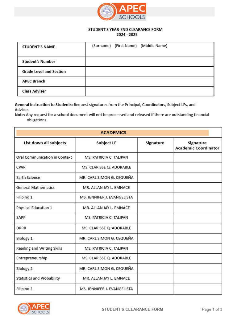 Clearance Form 2024-2025 | PDF