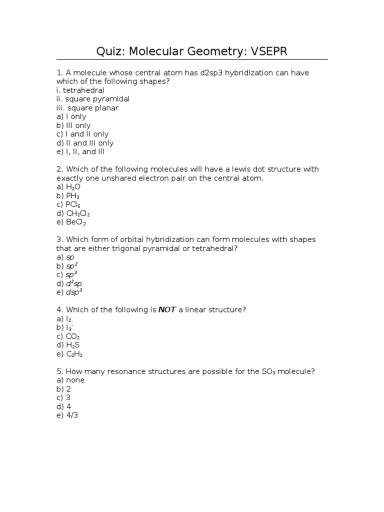 Quiz: Molecular Geometry: VSEPR | PDF | Chemical Bond | Atomic Orbital