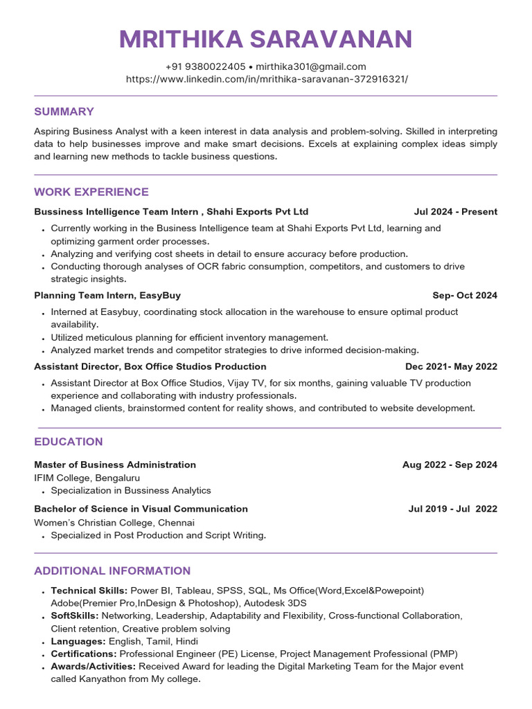 Mrithika Resume Sample-2 | PDF | Business Intelligence | Business
