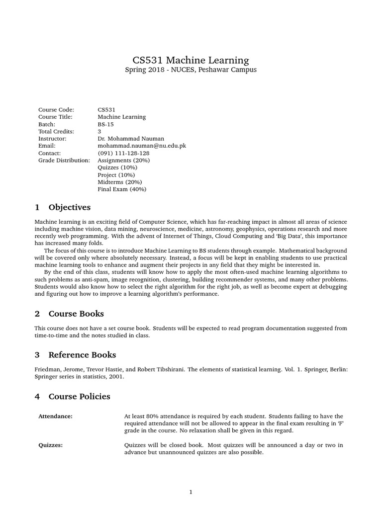 cs531 Machine Learning Course Outline | PDF | Machine Learning ...