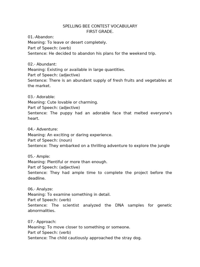Spelling Bee Contest Vocabulary Primero | PDF | Part Of Speech | Verb