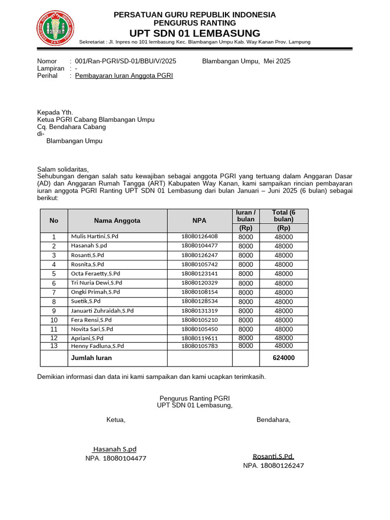 Iuran PGRI UPT SDN 01 LEMBASUNG 2025 | PDF