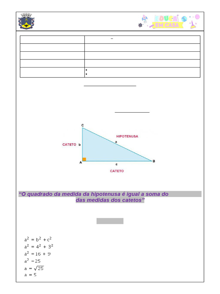 Semana 23 Matematica Teorema de Pitagoras 9 Ano 2021 PDF | PDF | Triângulo | Geometria Elementar
