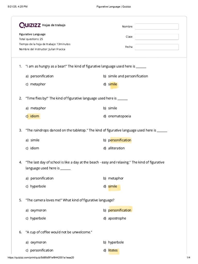 Figurative Language Worksheet Quiz | PDF | Metaphor | Linguistics