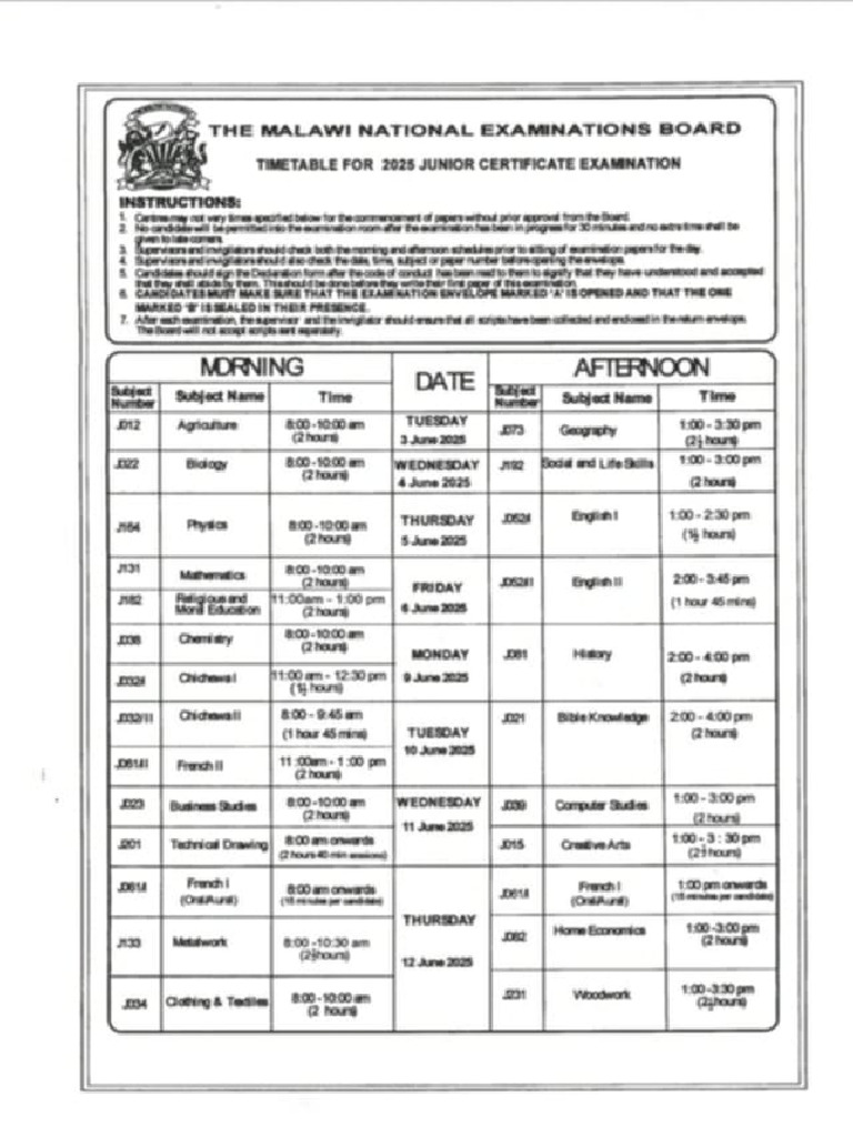 Maneb Junior Certificate Education Time Table | PDF
