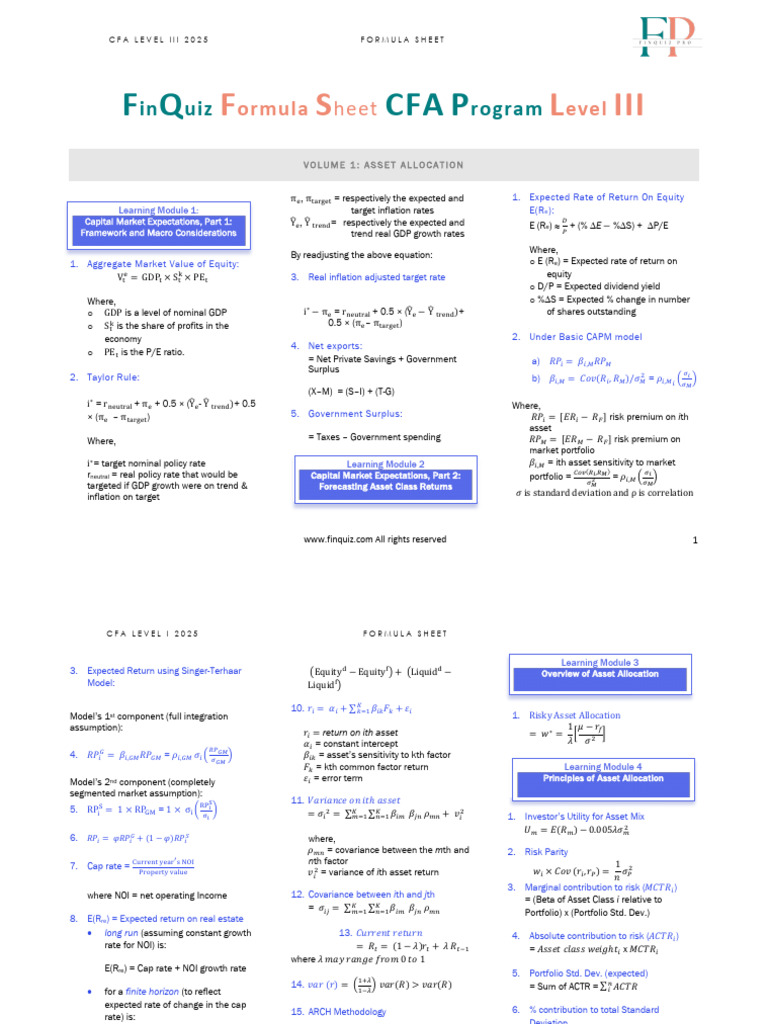 FinQuiz - CFA Level 3, 2025 - Formula Sheet | PDF | Financial Economics | Investing