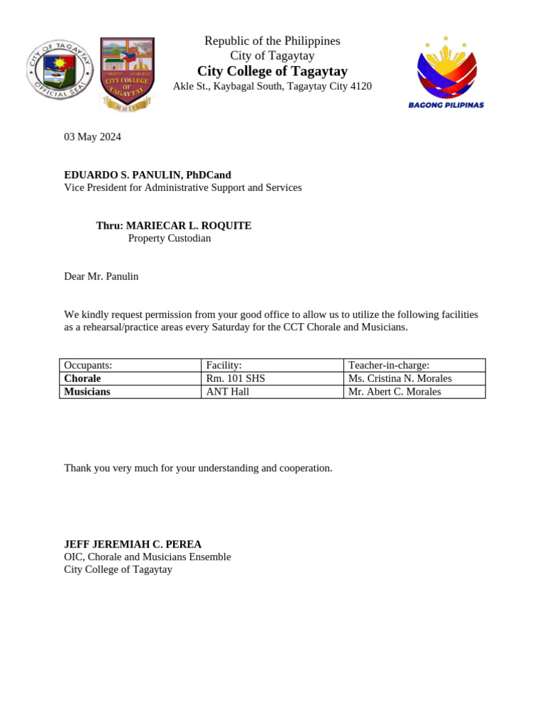 REQUEST LETTER FOR REHEARSAL VENUES | PDF