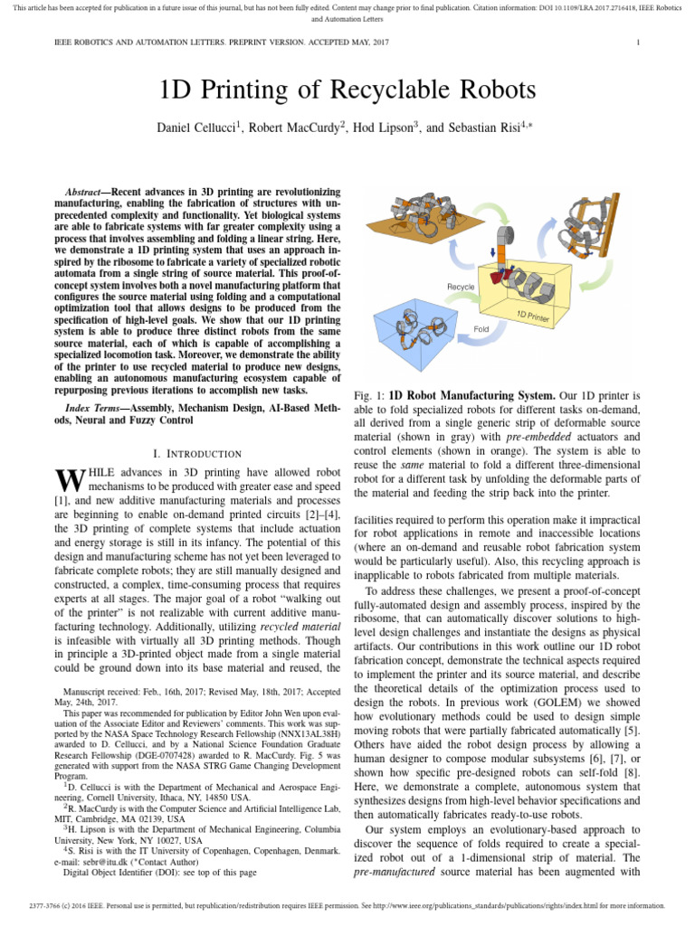 1D Printing of Recyclable Robots | PDF | 3 D Printing | Robot