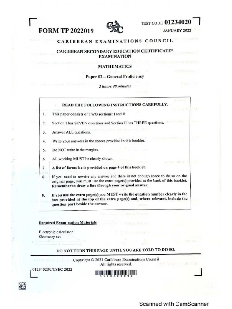 CSEC Mathematics January P2 2022 | PDF