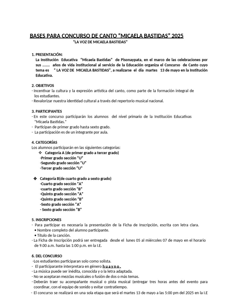 BASES PARA CONCURSO DE CANTO - Docx1 | PDF
