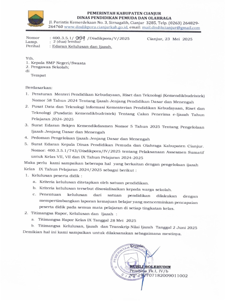 Surat Edaran Kelulusan SMP | PDF