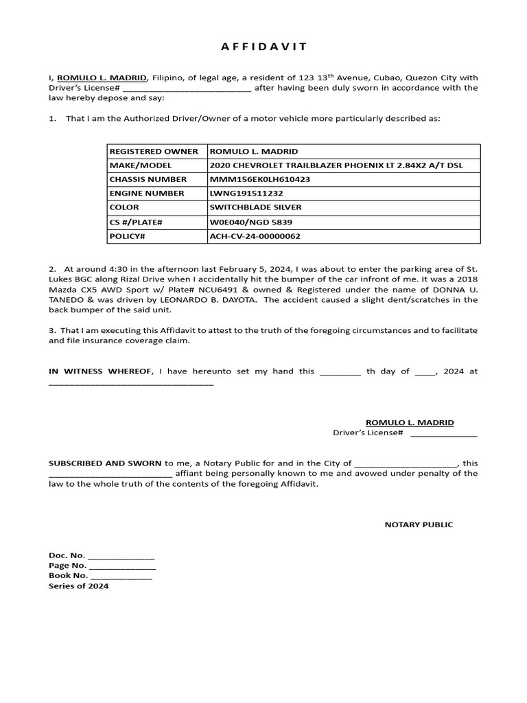Affidavit of Vehicle Accident Claim | PDF