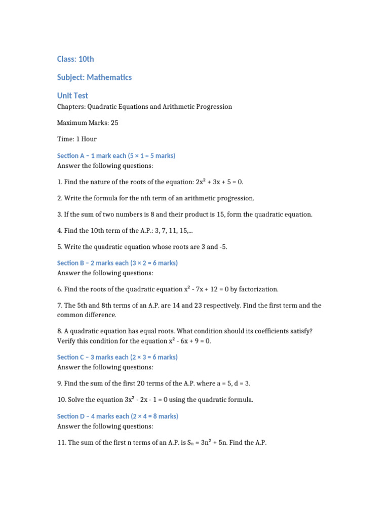 Math Unit Test Quadratic AP | PDF