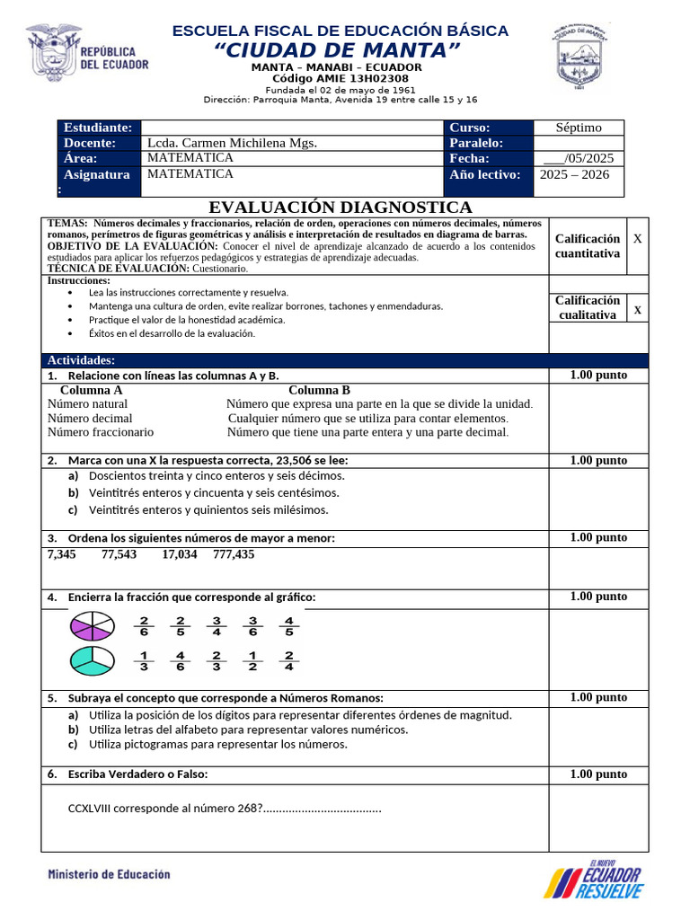 Evaluacion Diagnostica Septimo Matematicas | PDF | Números | Aritmética