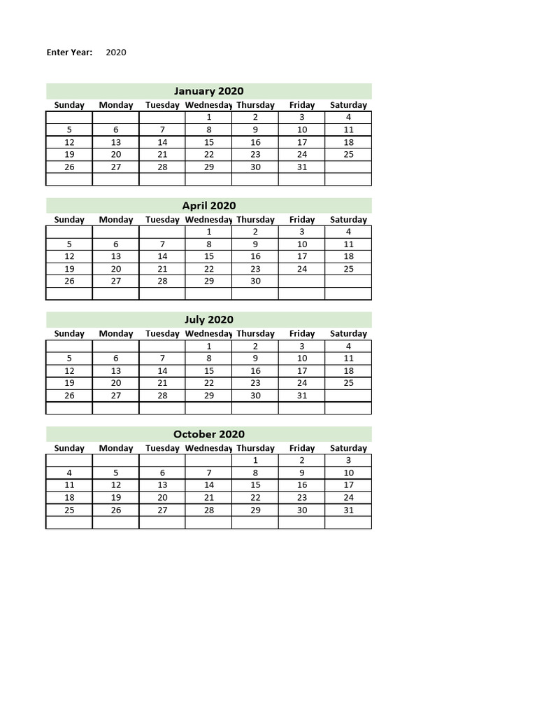 Dynamic Yearly Calendar2020 | PDF