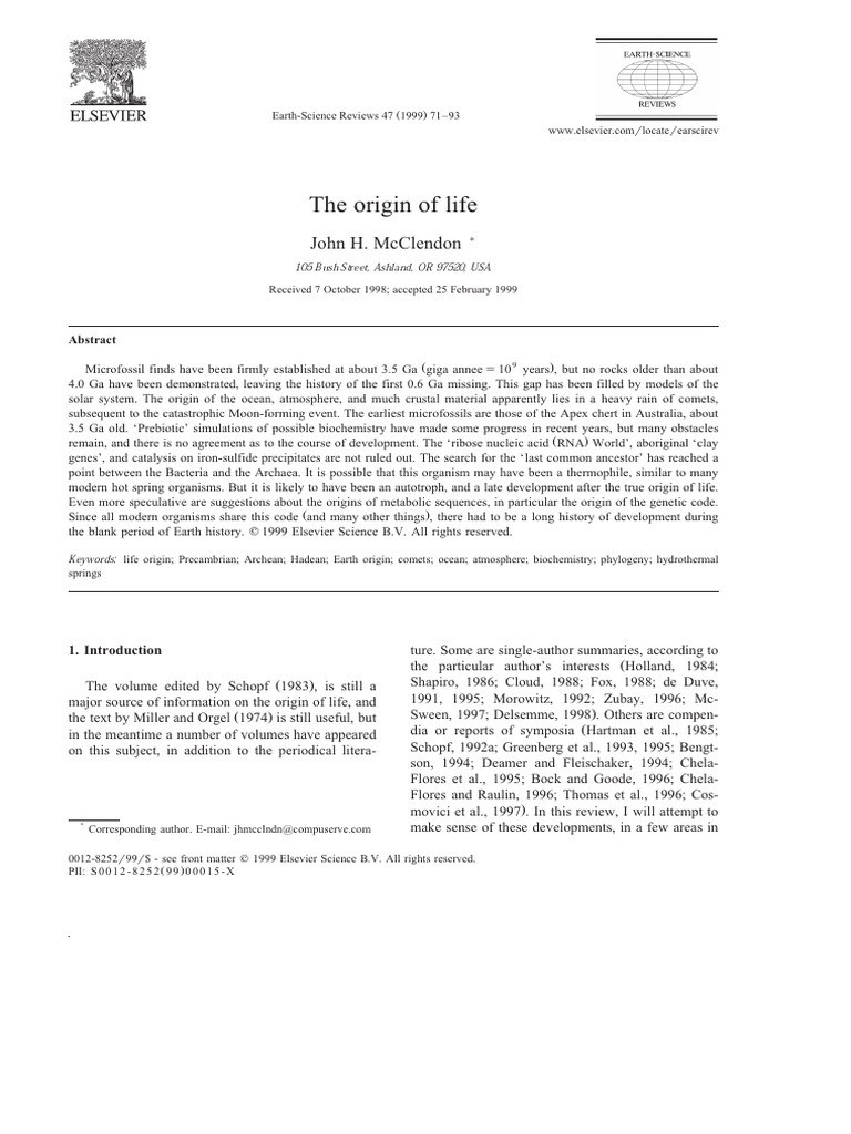 Module 9 Reading 1 - MCCLENDON - The Origin of Life | PDF | Abiogenesis | Biosynthesis