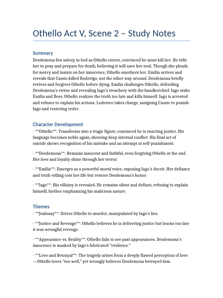 Othello Act v Scene 2 Study Notes | PDF | Othello | Iago