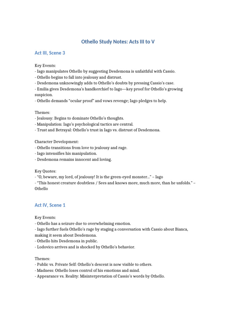 Othello Acts III To V Study Notes | PDF | Othello | Iago