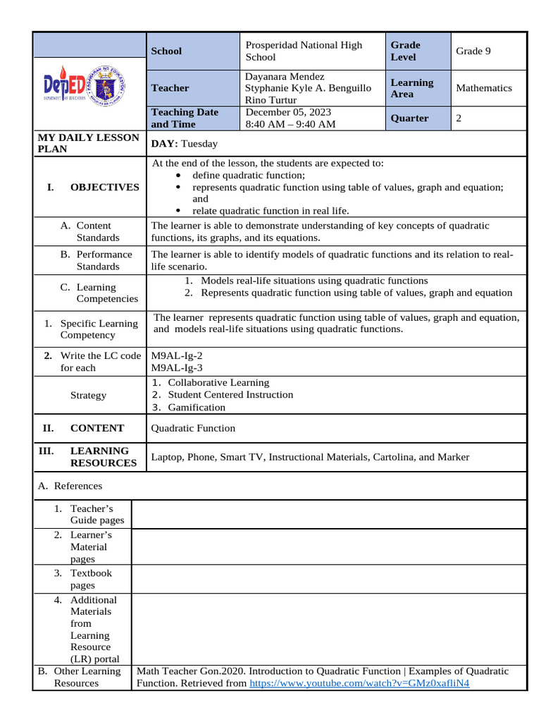 Team-Teaching-Mendez-Benguillo-Turtur PNHS | PDF | Quadratic Equation | Function (Mathematics)