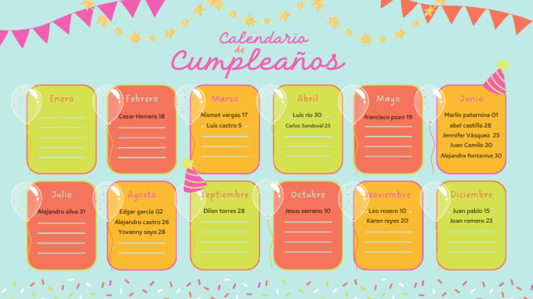 Calendario de Cumpleaños Anual Ilustrado Azul y Naranja | PDF
