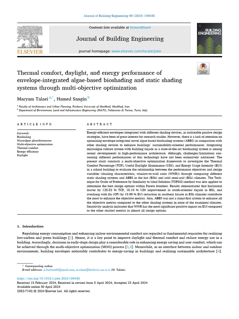 1. Thermal comfort, daylight, and energy performance of envelope-integrated algae-based ...
