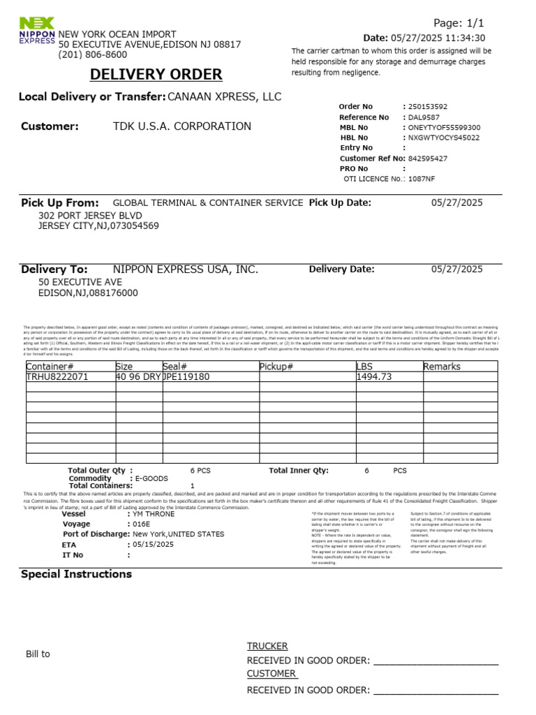 Drayage Order (USA) - DAL9587 | PDF | Cargo | Bill Of Lading