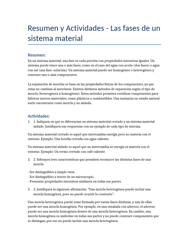 Fases y Mezclas Resumen Actividades | PDF