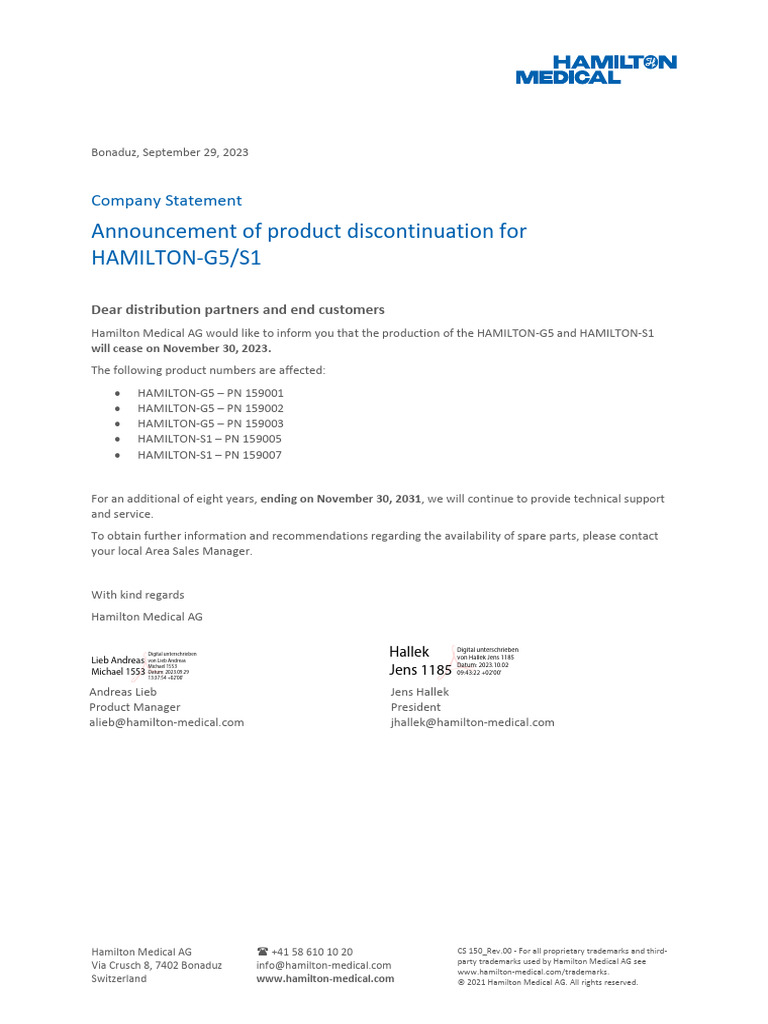 HAMILTON G5 S1 Company Statement Announcement Discontinuation HAMILTON ...