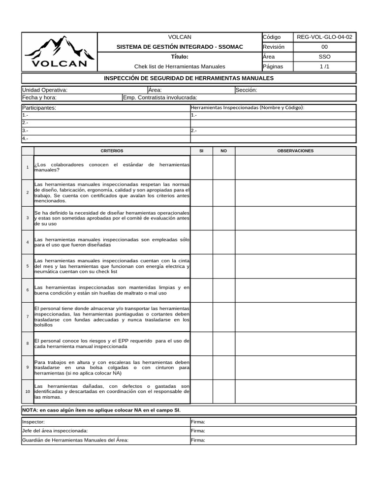 REG VOL GLO 04 02 Check List Herramientas Manuales | PDF
