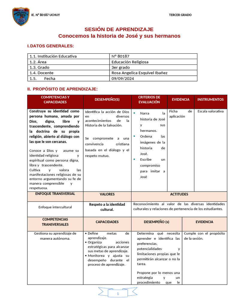 Sesión Aprendizaje Reli - José y Sus Hermanos | PDF | Aprendizaje